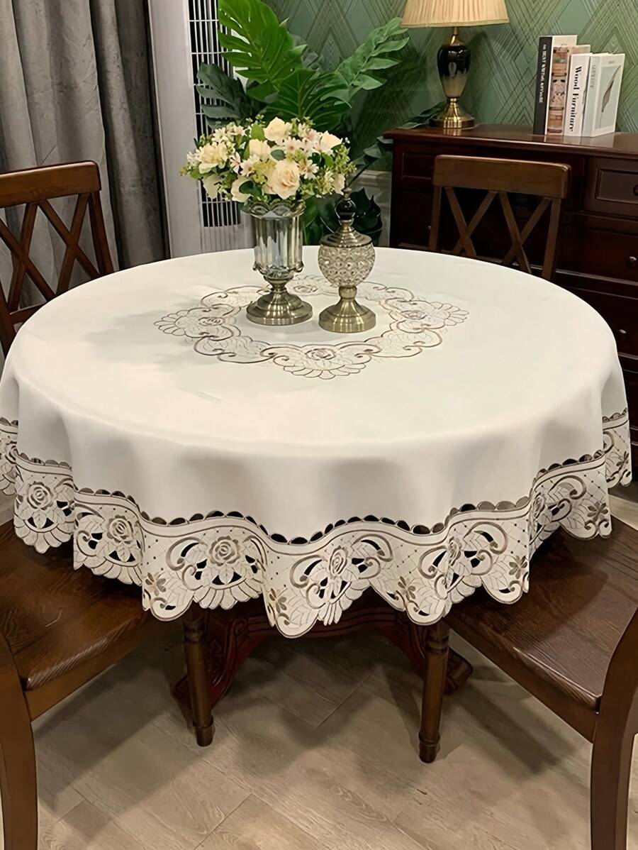 1pc Floral Pattern Tablecloth, Modern Polyester Round Embroidered ...