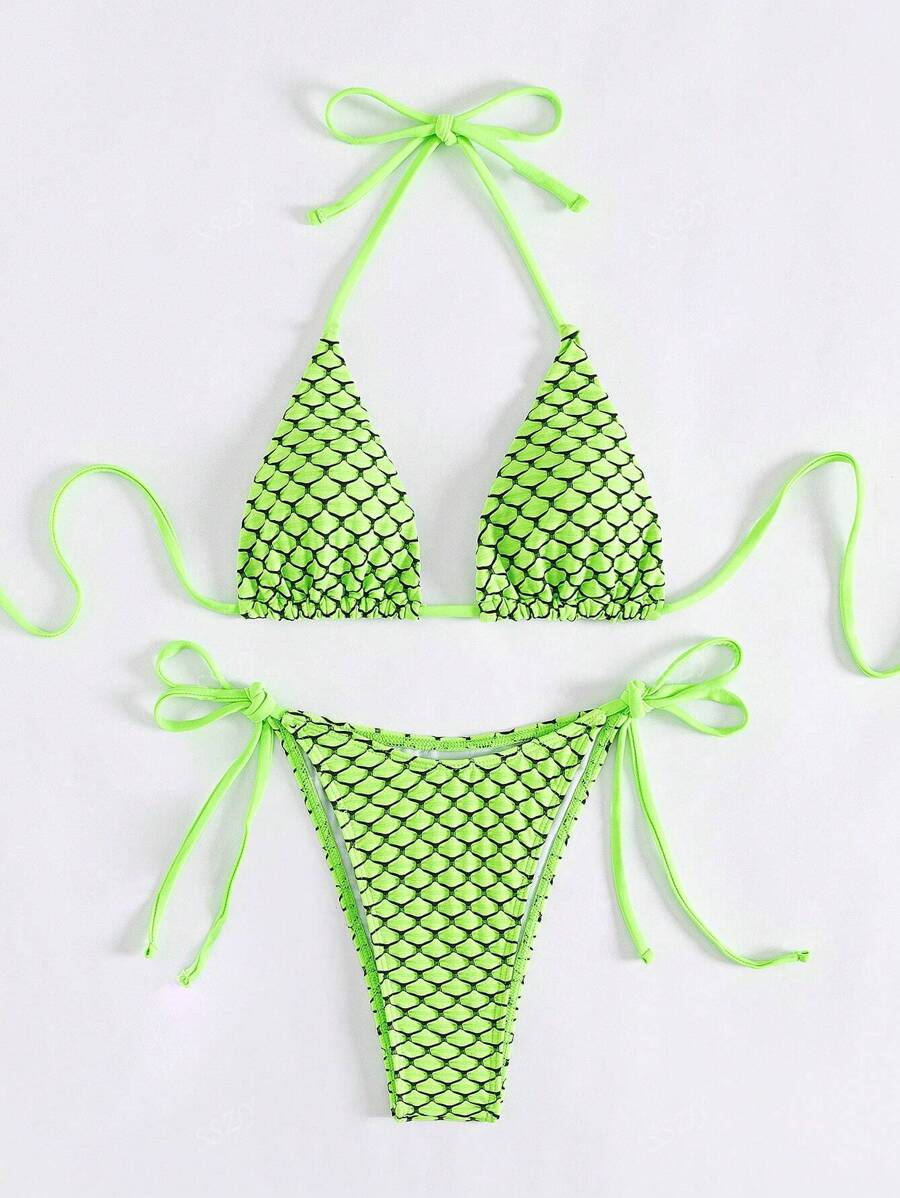 Women's New European And American Style Fish Scale Print Halter Bikini ...