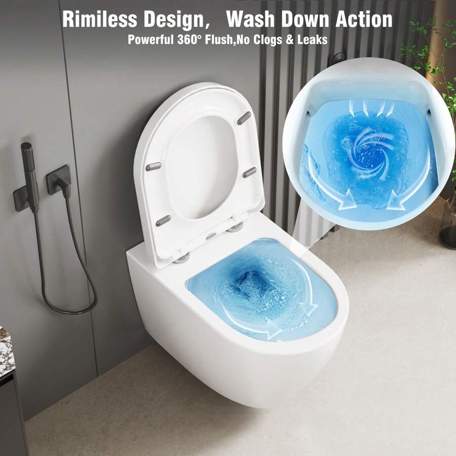 Wall-Hung WC Rimless Toilet - 360° Double Hole Flush Wall Toilet ...