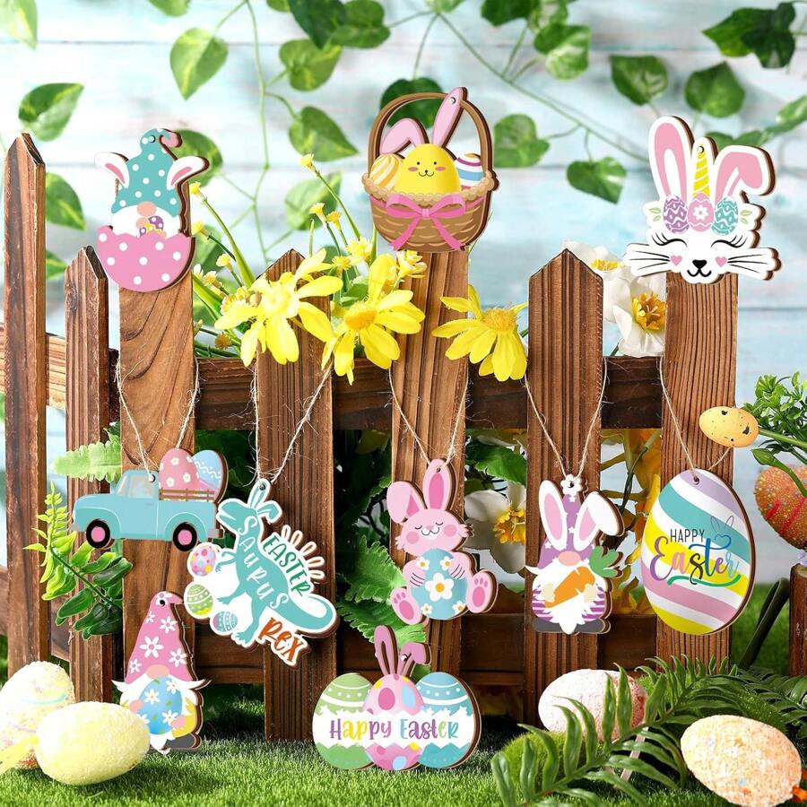 10pcs/20pcs/30pcs Wooden Easter Hanging Decorations With String, Spring ...