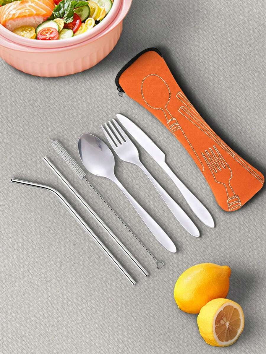 7pcs/Set Stainless Steel Portable Tableware Set, Student Tableware Set ...