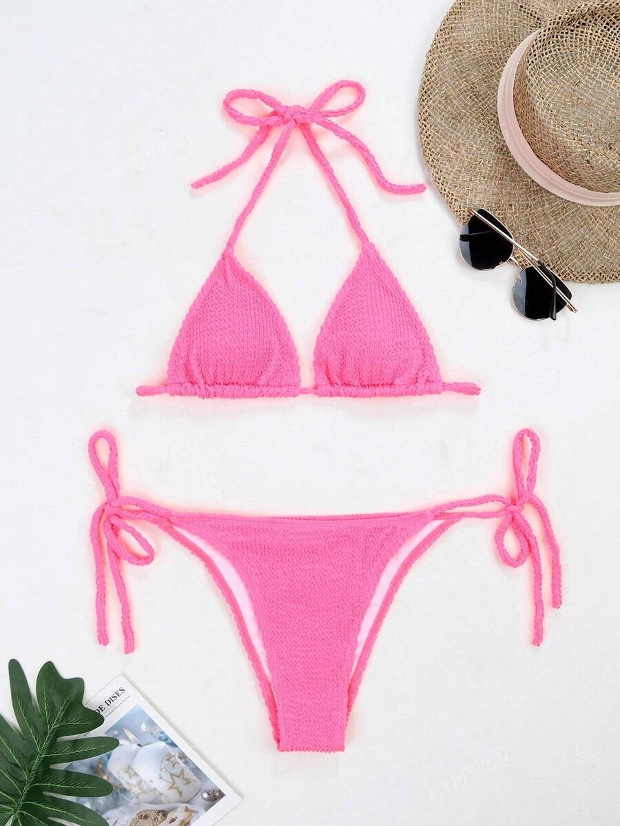 Smocked Halter Triangle Tie Side Bikini Set Summer | SHEIN USA