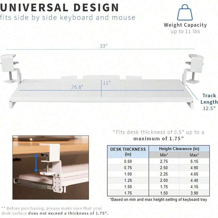 Large Height Adjustable Under Desk Keyboard Tray, C-Clamp Mount System ...