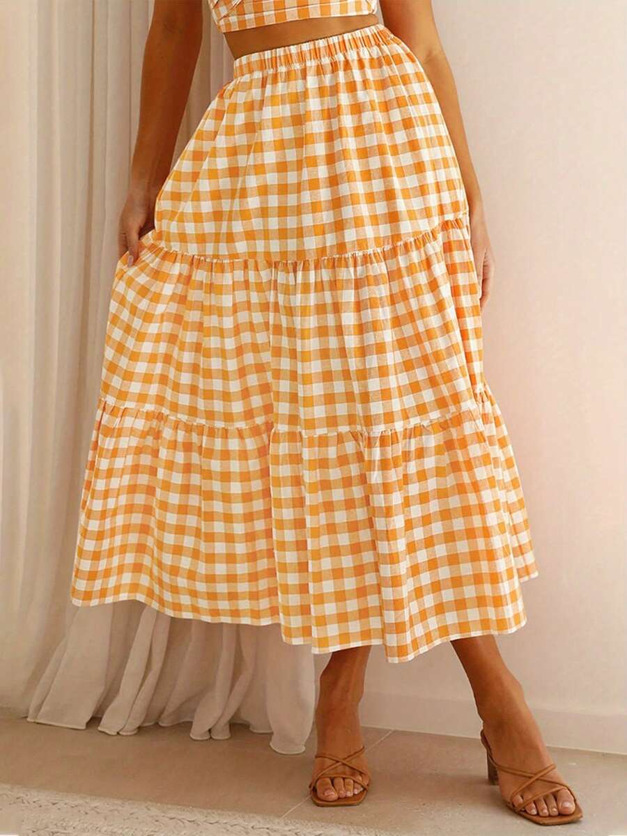 Women Casual Long Skirt Summer High Waist Skirt Solid Color/Plaid Skirt ...