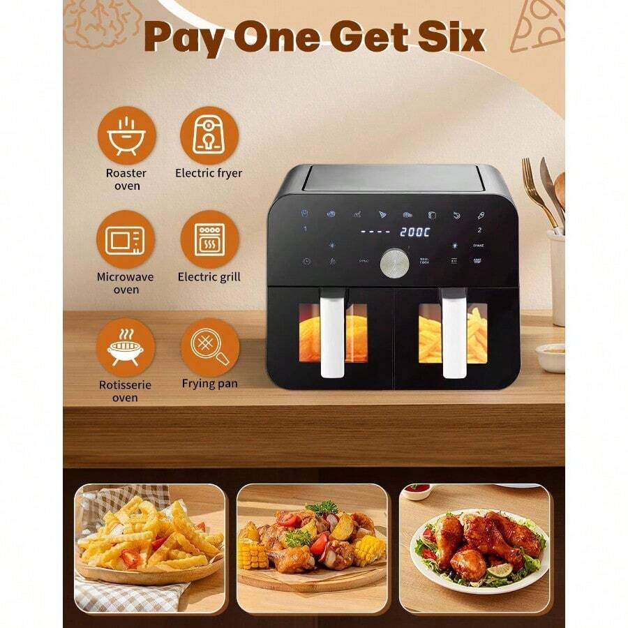 Lulizar 10L Dual Basket Air Fryer 2400W Digital Air Fryer XL Capacity With Two 5L Awers 8 ...