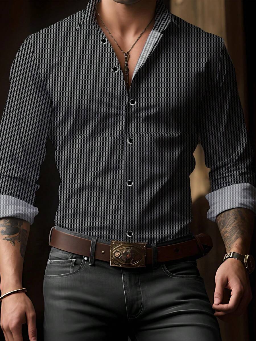 Classic Stylish Luxury Men's Striped Print Shirt, Black & White Micro ... Classic Stylish Luxury Men's Striped Print Shirt, Black & White Micro ...