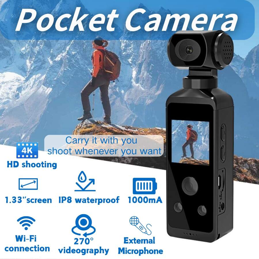 4K HD Pocket Camera, Handheld Action Camera, 270° Rotatable 4K HD WiFi ...