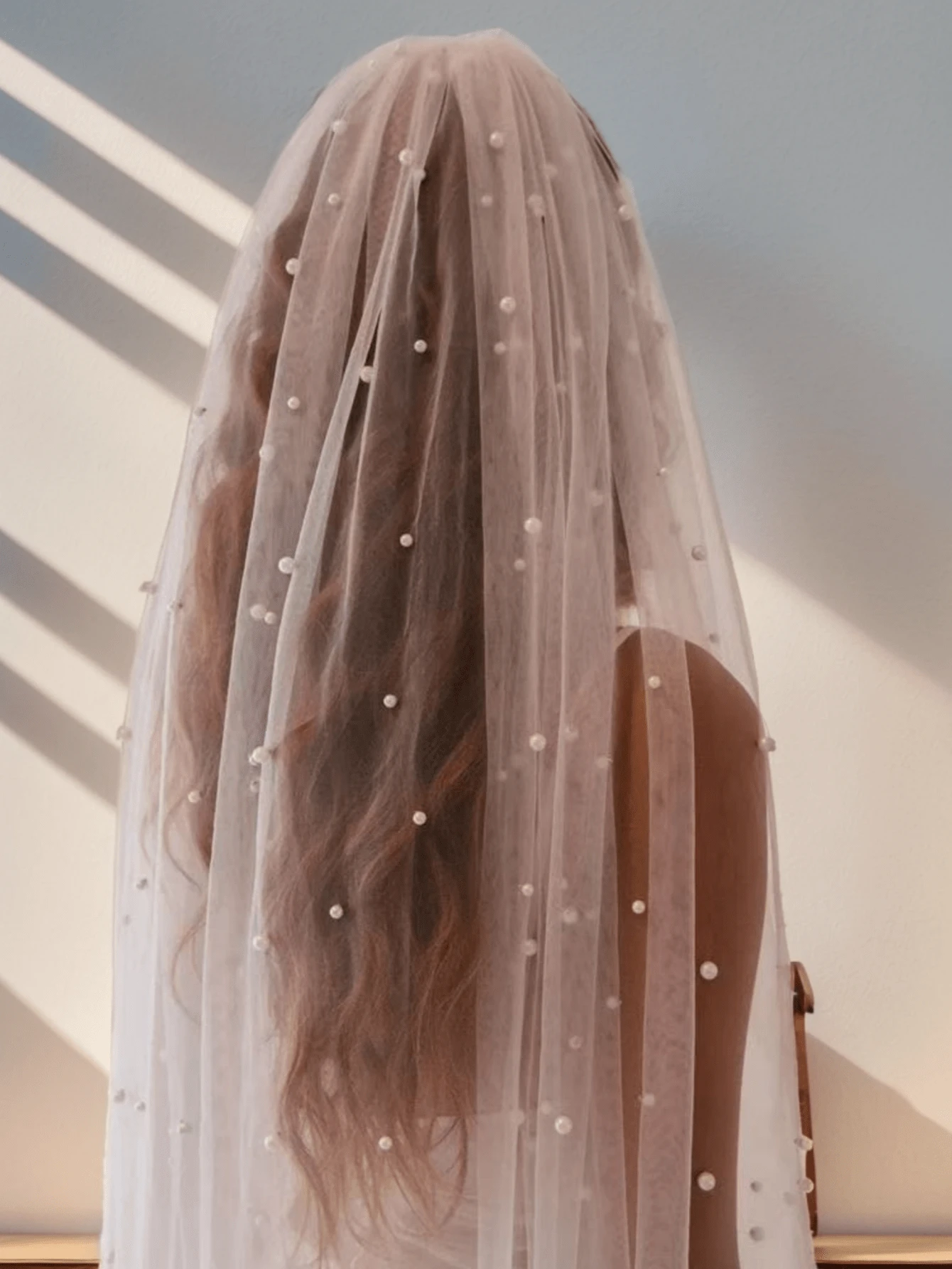 1pc Thin Tulle & Faux Pearl Wedding Veil For Bride, Length Waist/Hip ...