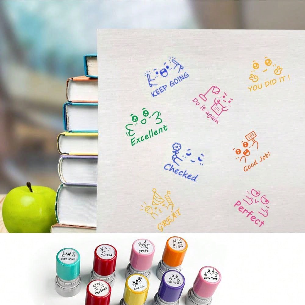 8 Pack Classroom Teacher Stamps, Grading Teacher Stamps, Colorful Rubber Self-Inking Teacher ...