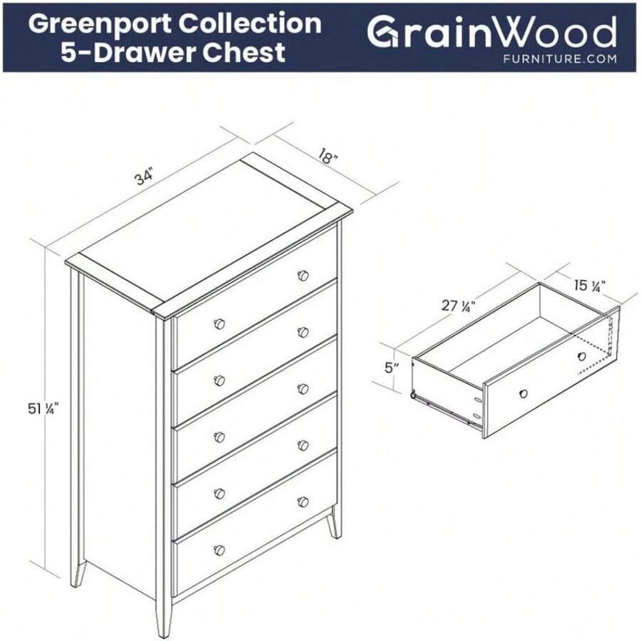 Grain Wood Furniture Greenport 5-Drawer Chest, Solid Wood With Brushed ...