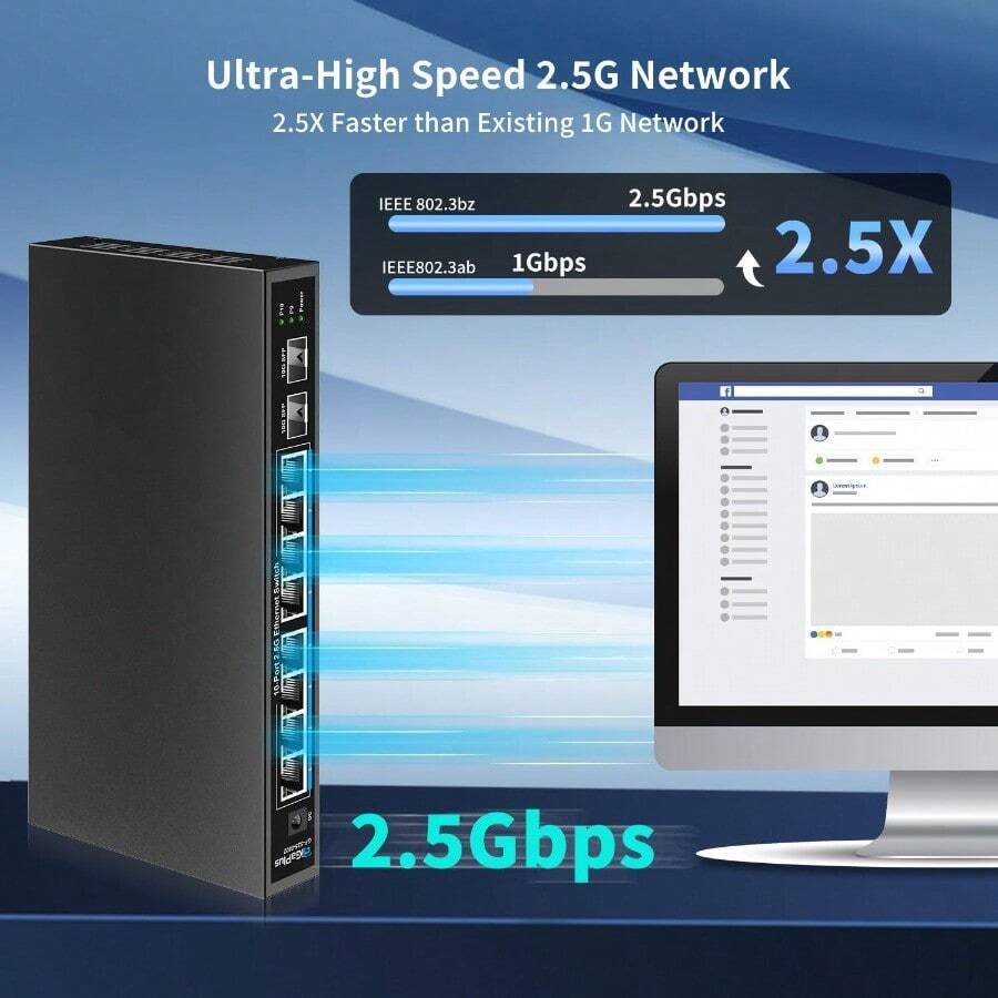 10 Port 2.5Gb Unmanaged Ethernet Switch 8 2.5G Base-T 2 10G SFP+ Fanless Plug And Play Network ...