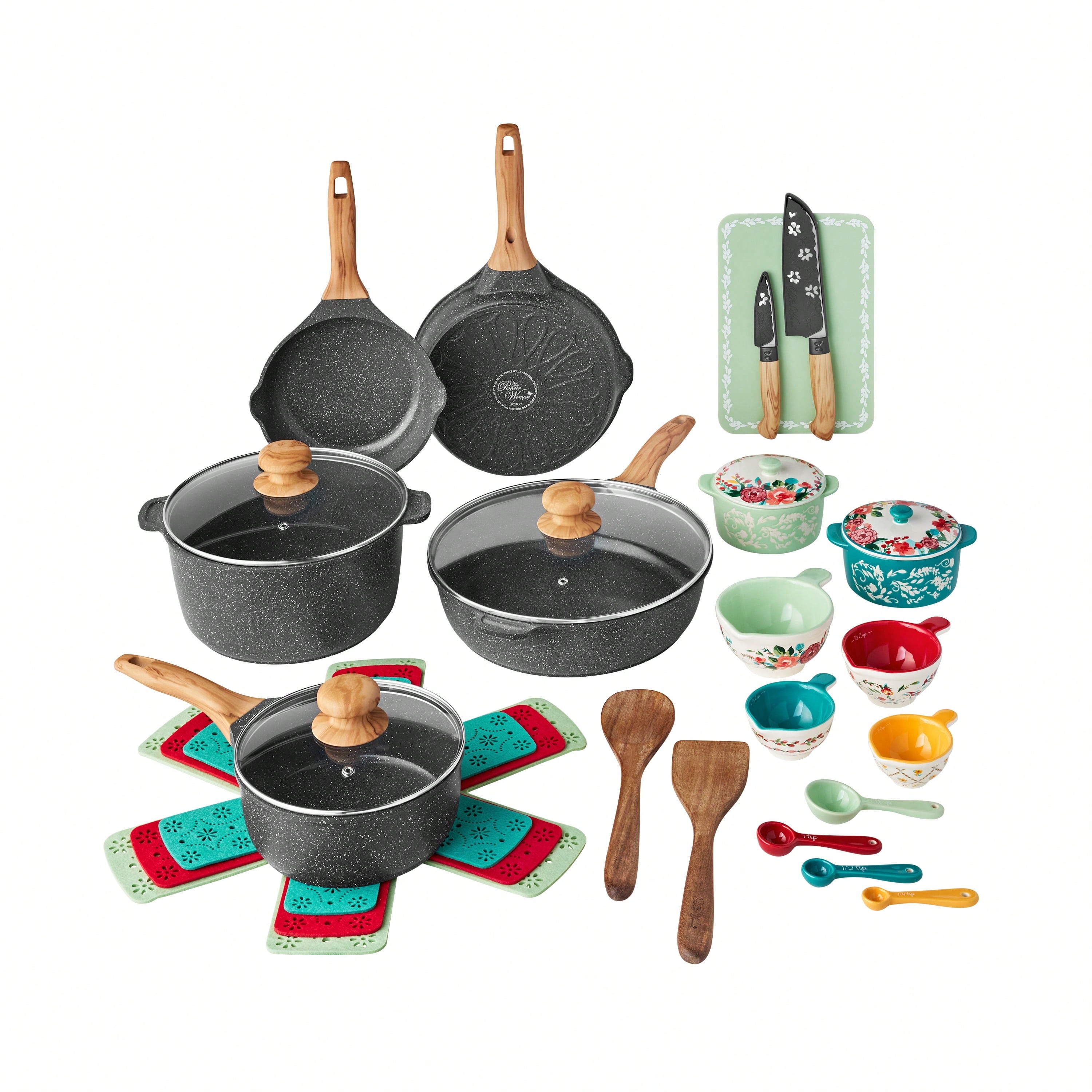 Prairie Signature 30-Piece Cast Aluminum Cookware Set, Charcoal Speckle ...
