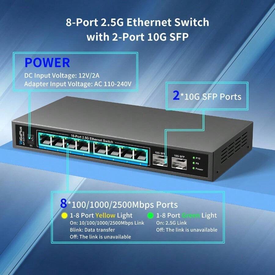 10 Port 2.5Gb Unmanaged Ethernet Switch 8 2.5G Base-T 2 10G SFP+ Fanless Plug And Play Network ...