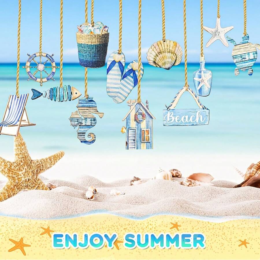 24pcs Ocean Beach Themed Wooden Decorations, Including Shells, Fish And ...