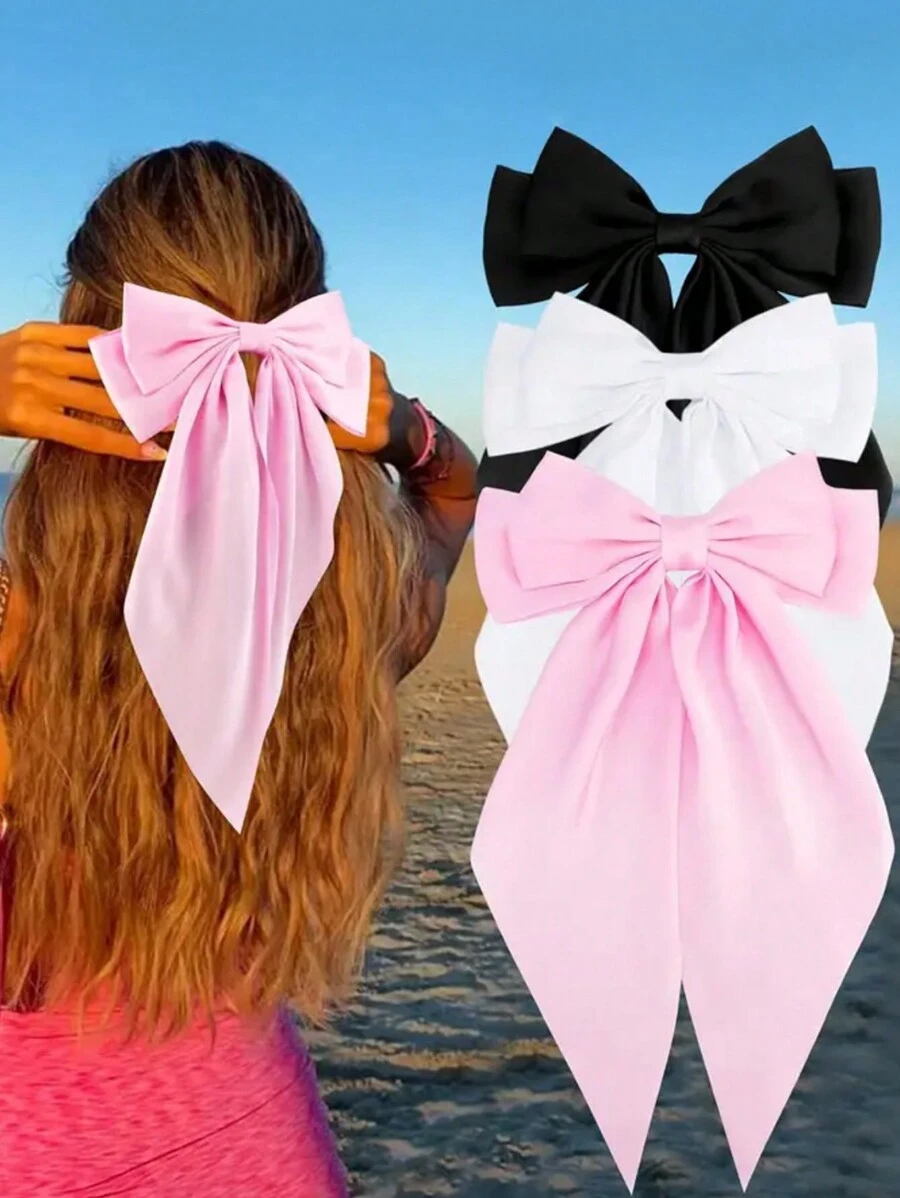 3pcs Set Large Bow Hair Clips For Women Black Hair Bows And Pink ...