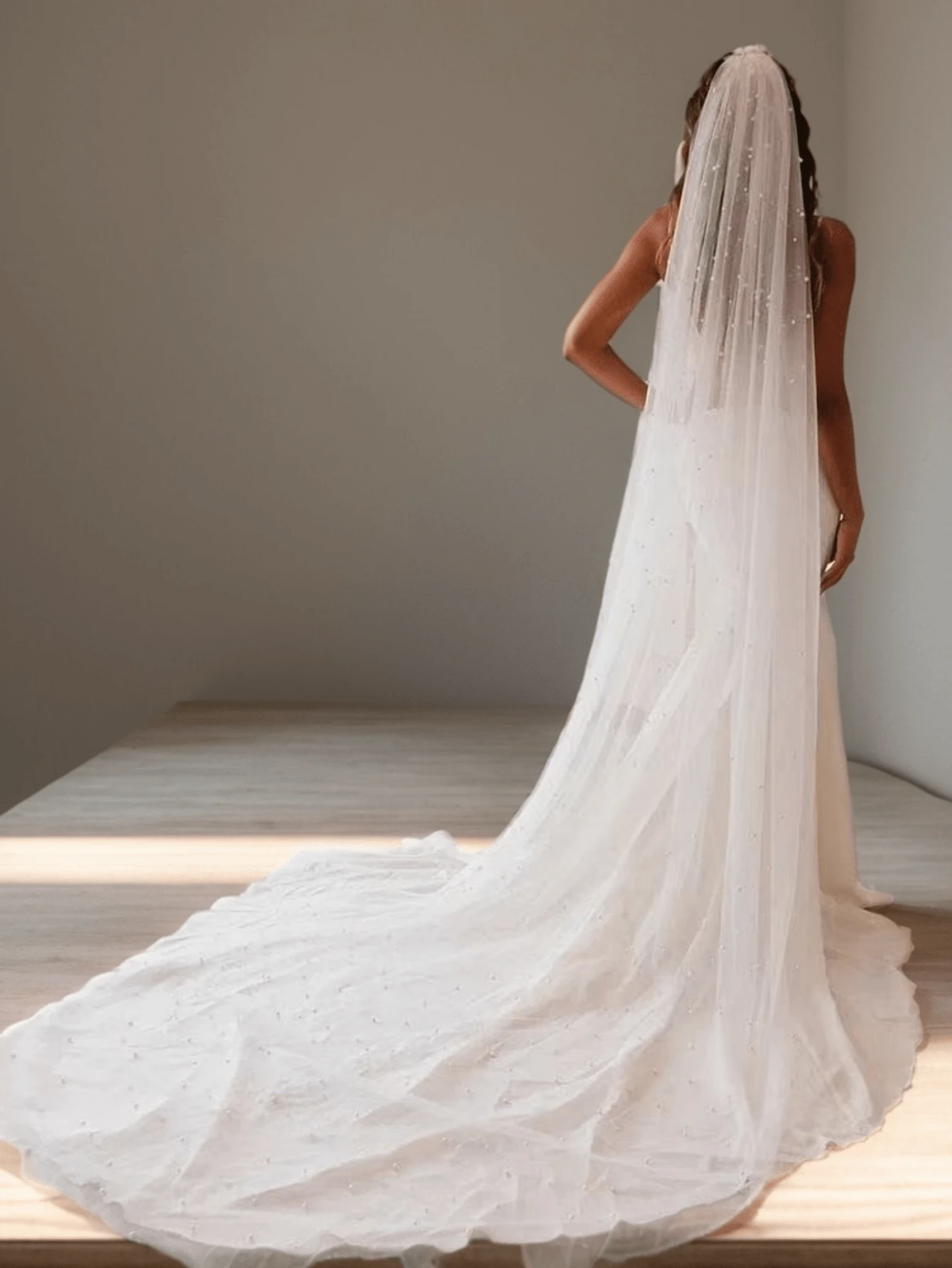 1pc Thin Tulle & Faux Pearl Wedding Veil For Bride, Length Waist/Hip ...