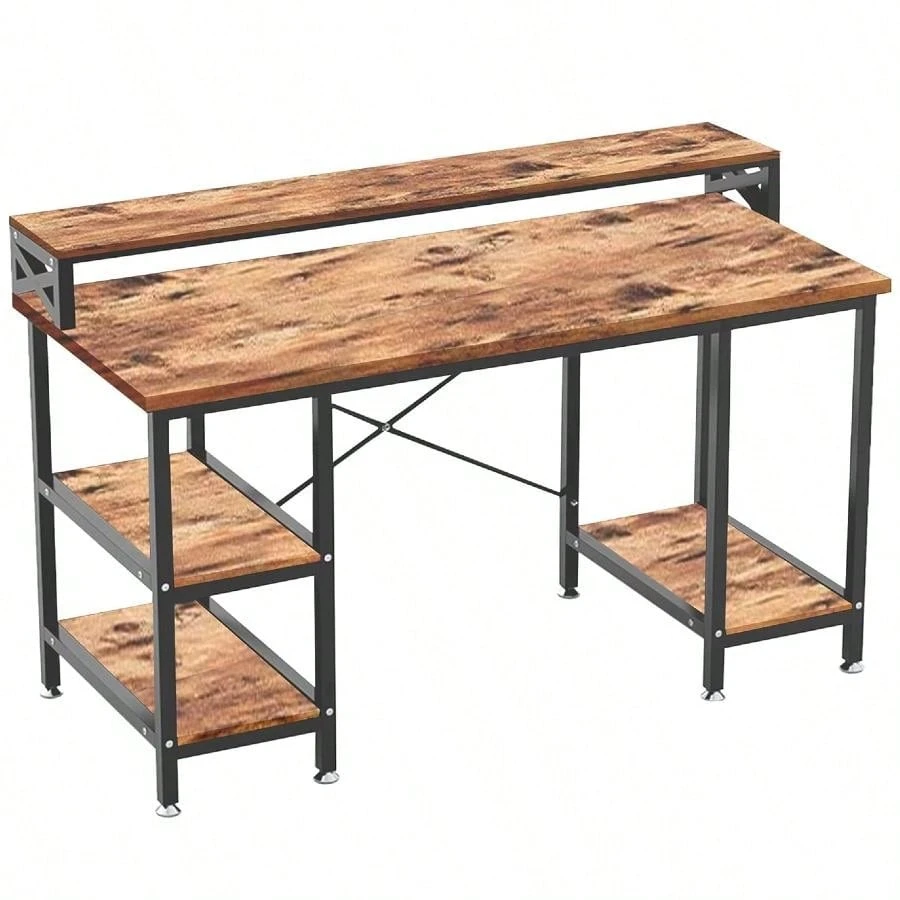 Wood Computer Desk With Monitor Shelf, 55 Inch Industrial Studio Gaming ...