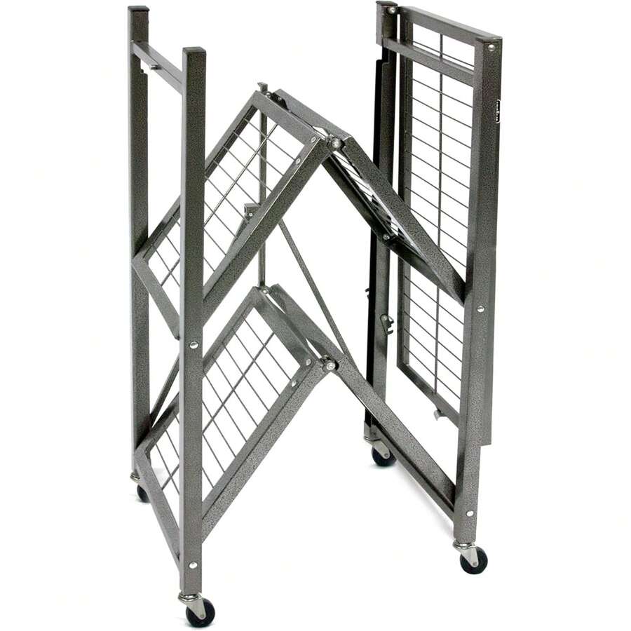 3 Tier Folding Shelves, Storage Shelving Rack Unit With Wheels, Pewter ...