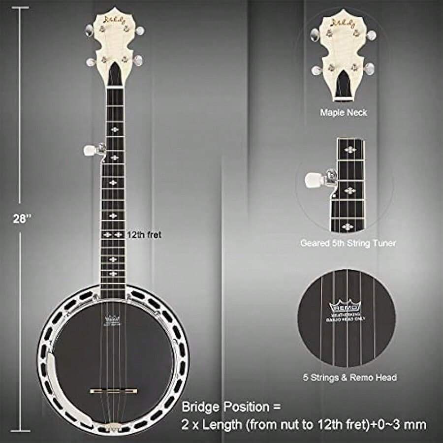 5 String Banjo MINI 28 Inch Travel Banjo Remo Head Resonator Geared 5th ...