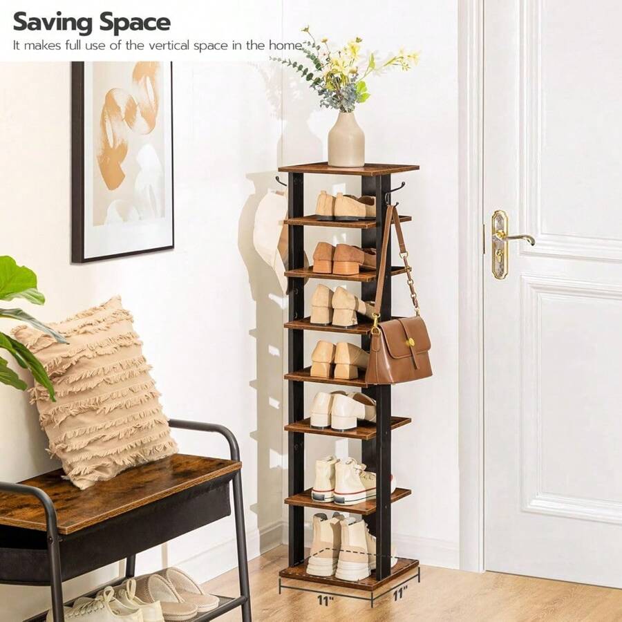 8 Tiers Vertical Shoe Rack Wooden Shoe Storage Organizer With Hooks ...
