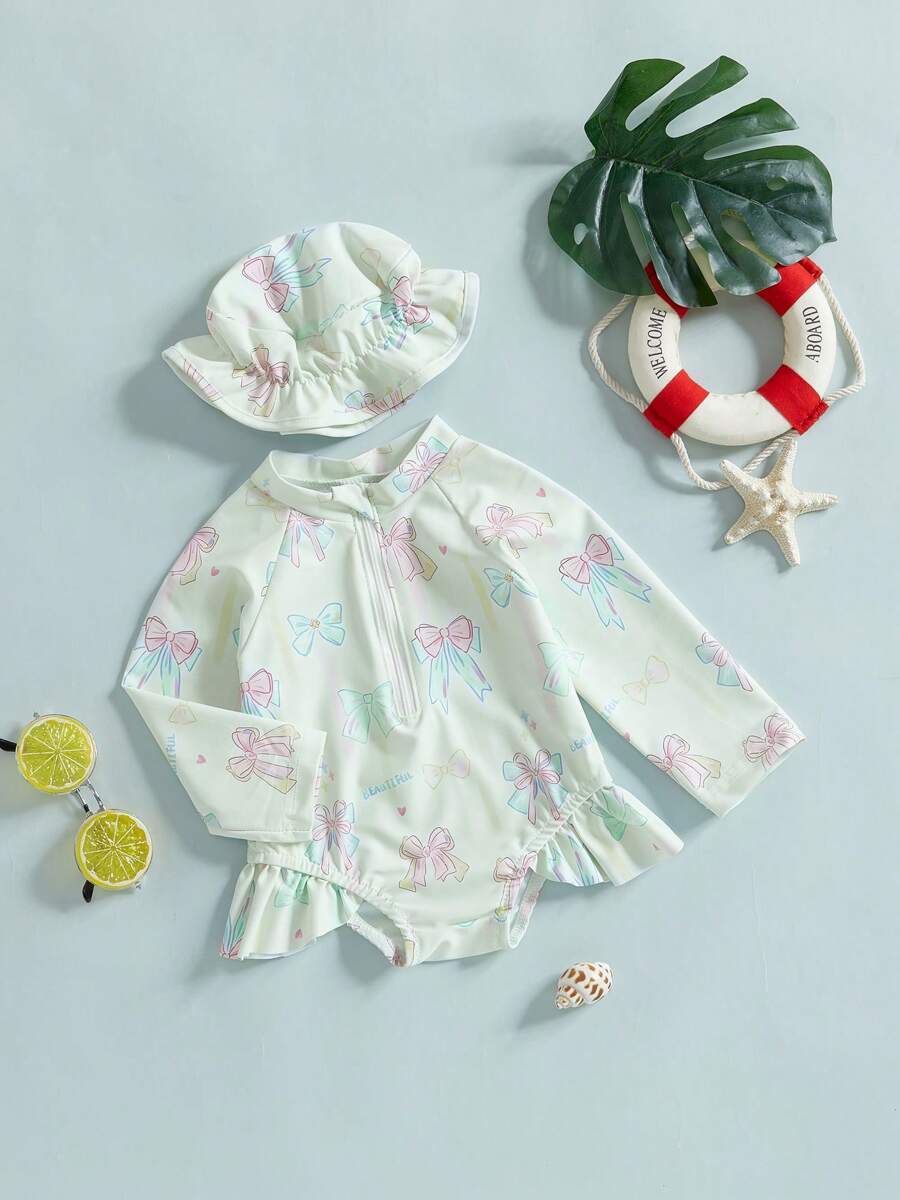 Toddler Girls Rash Guard Swimsuit Rompers Long Sleeve Tree/Bow/Swan/Floral Print Baby Ruffle ...