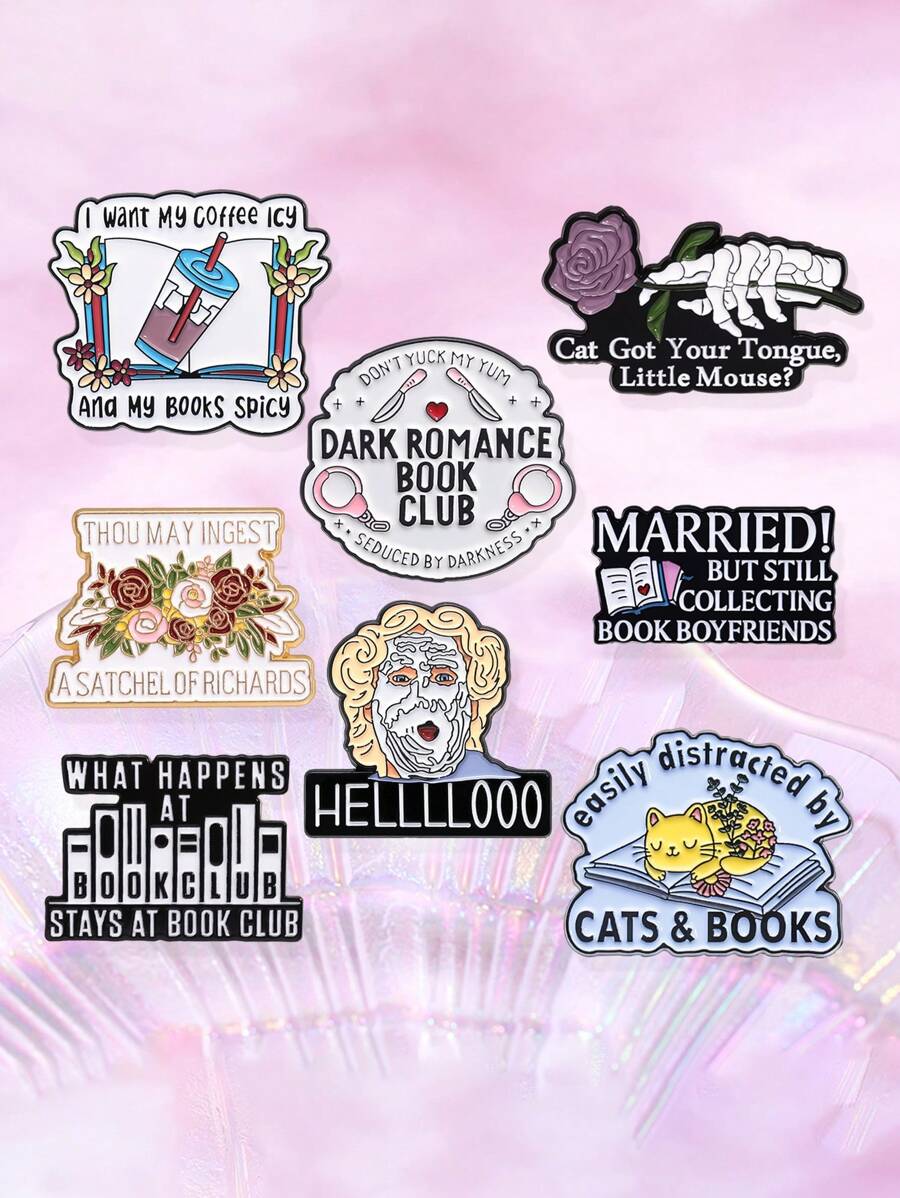8Pcs Book Bookworm Club Enamel Pins Cartoon Dark Romance Cat Coffee ...