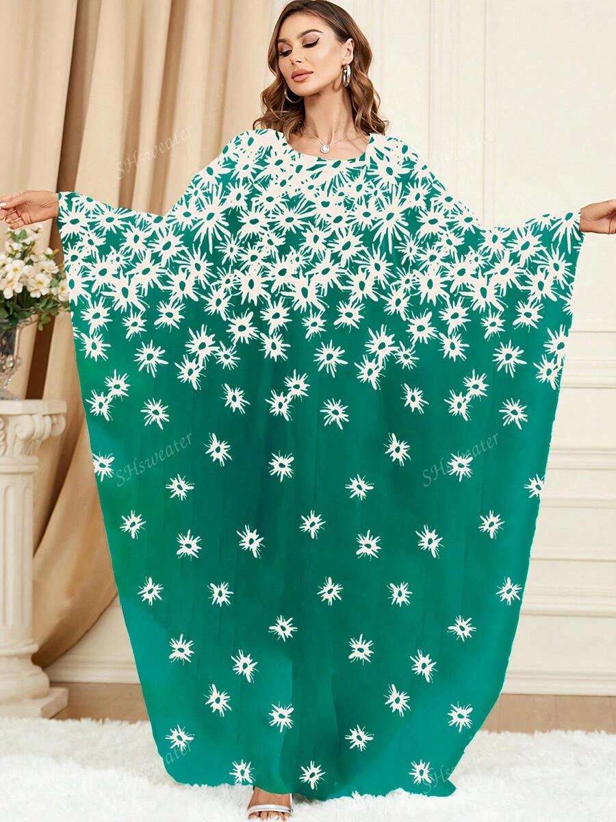 Elegant Women Ditsy Floral Batwing Sleeve Oversized Long Robe Kaftan ...