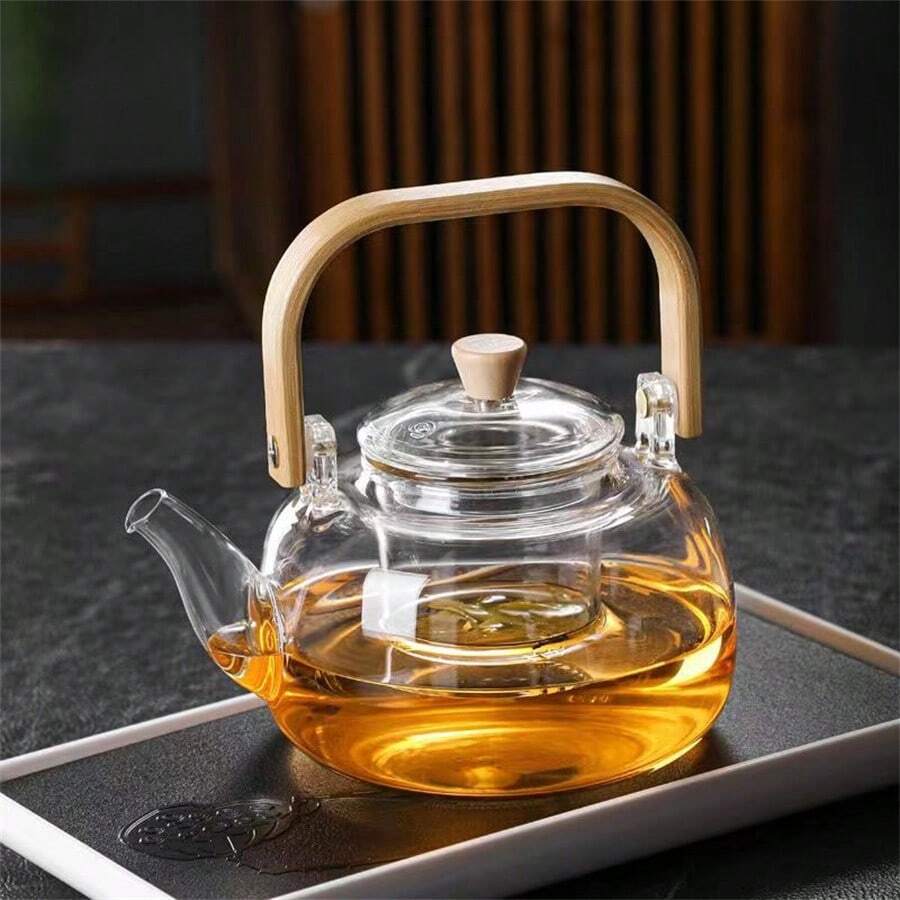 High Borosilicate Glass Teapot With Bamboo Wood Handle, Heat Resistant ...