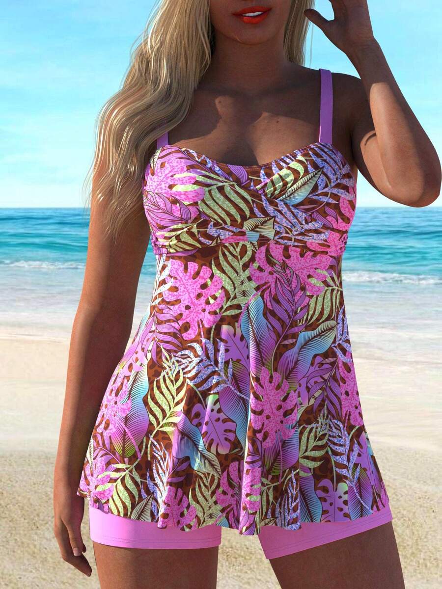 Stylish & Comfortable Pink Tropical Botanical Print Women's Tankini ...