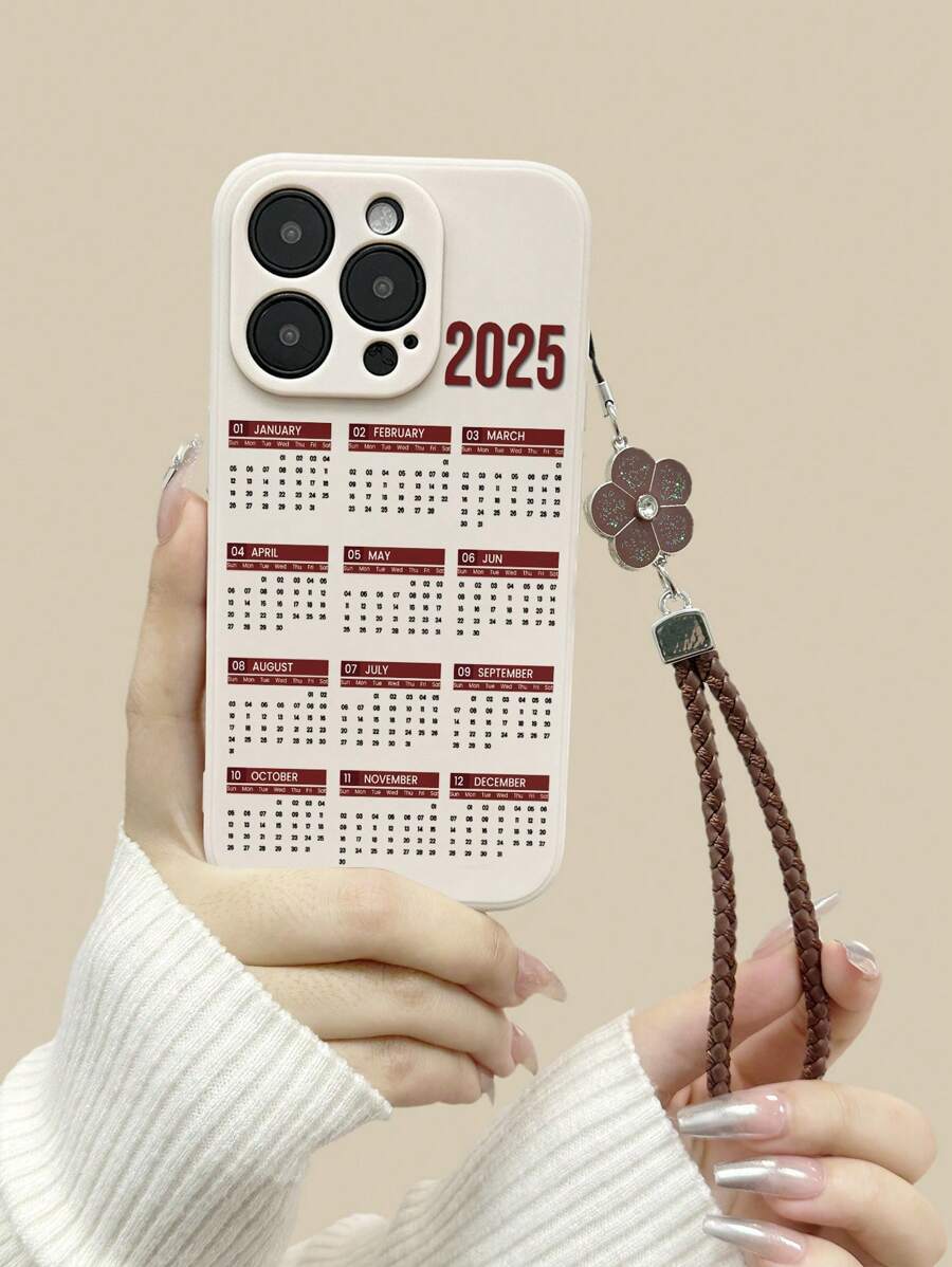 Calendar Printed Beige Phone Case With Flower Chain Decor, Technology ...