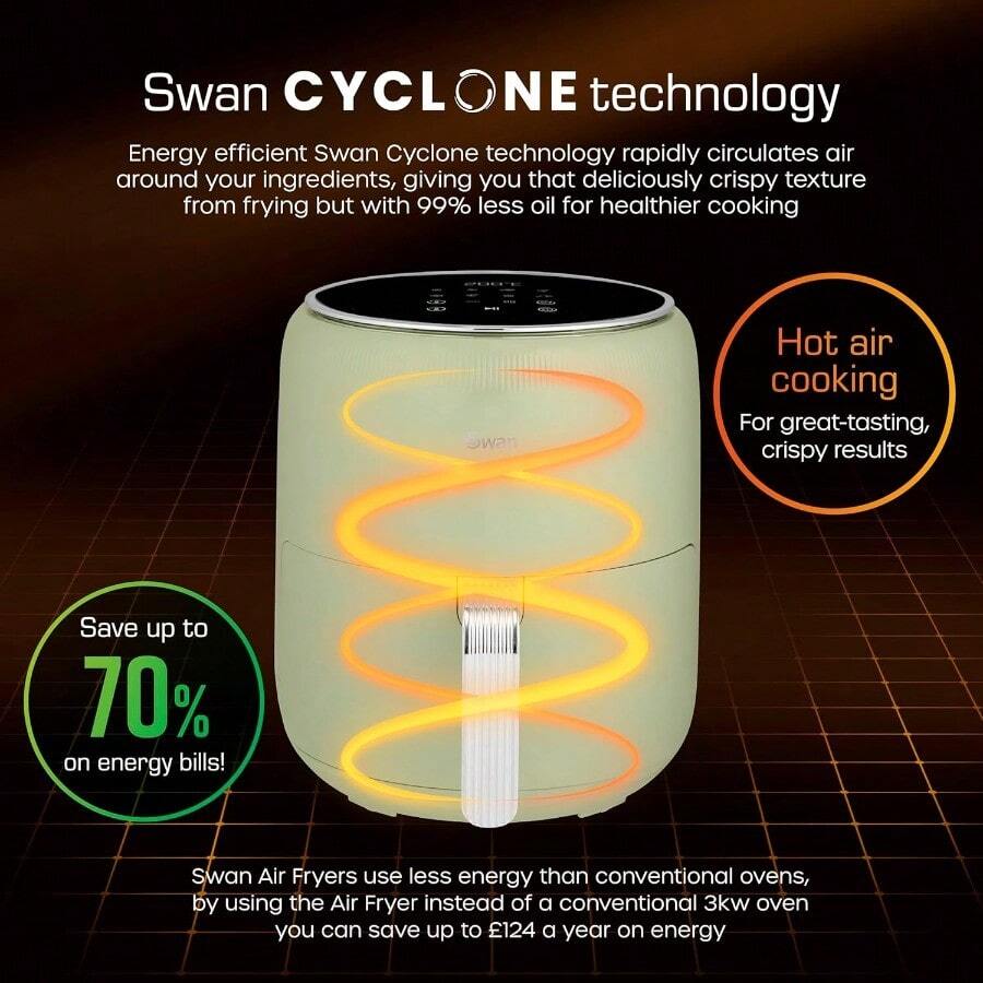 Swan SD10513GRN Retro Digital Air Fryer With Swan Cyclone Technology 8 Pre-Set Cooking Options ...