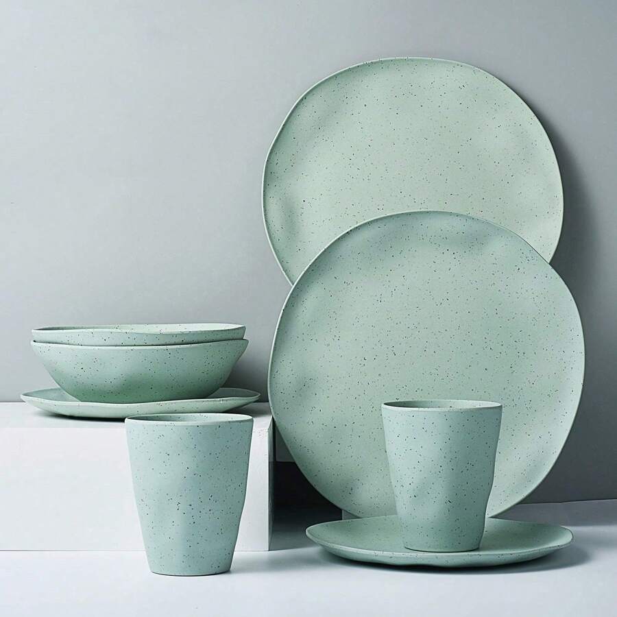 8 Pcs Bamboo Sage Green Dinnerware Plates Set Reusable Camping Dish Set ...