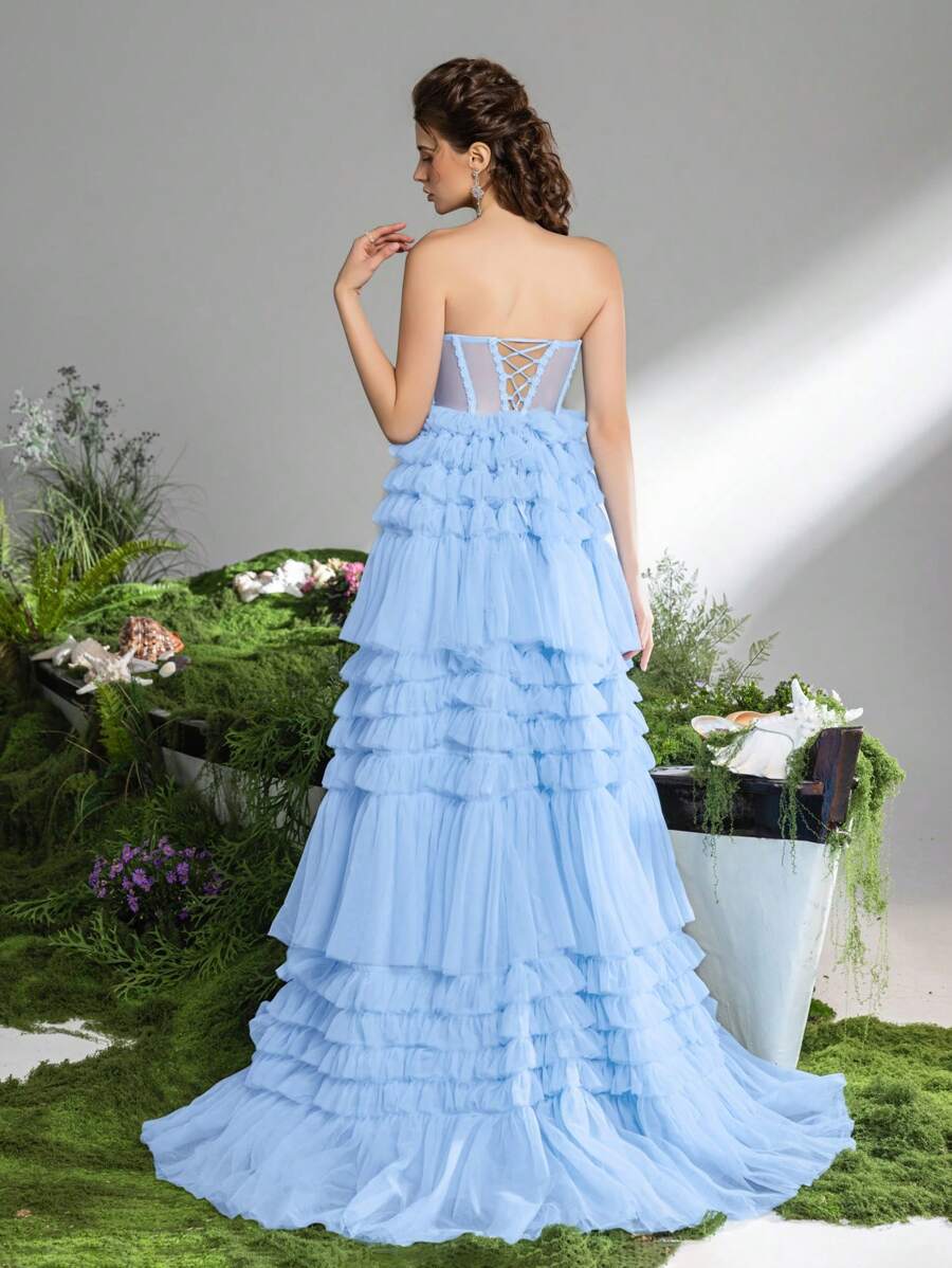 Faeriesty Elegant Tie Back Sheer Mesh Bodice Cascading Ruffle Hem Prom ...
