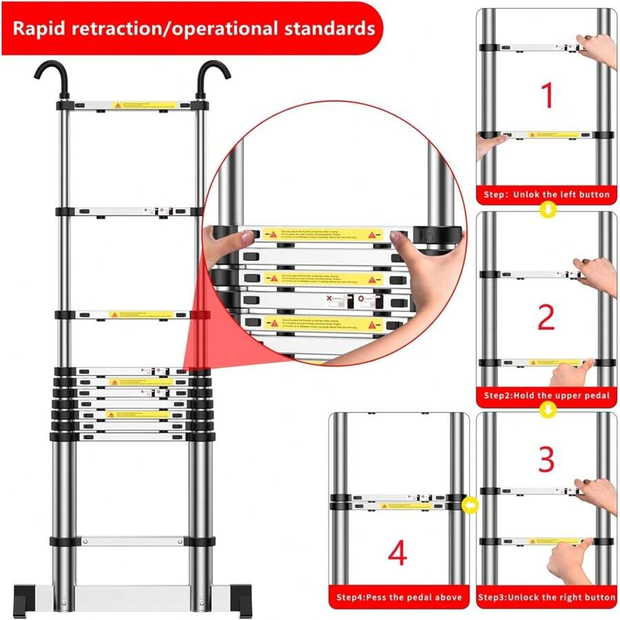 Telescopic Ladder 4.9m/16ft, Aluminium Extendable Ladder With Hooks And ...