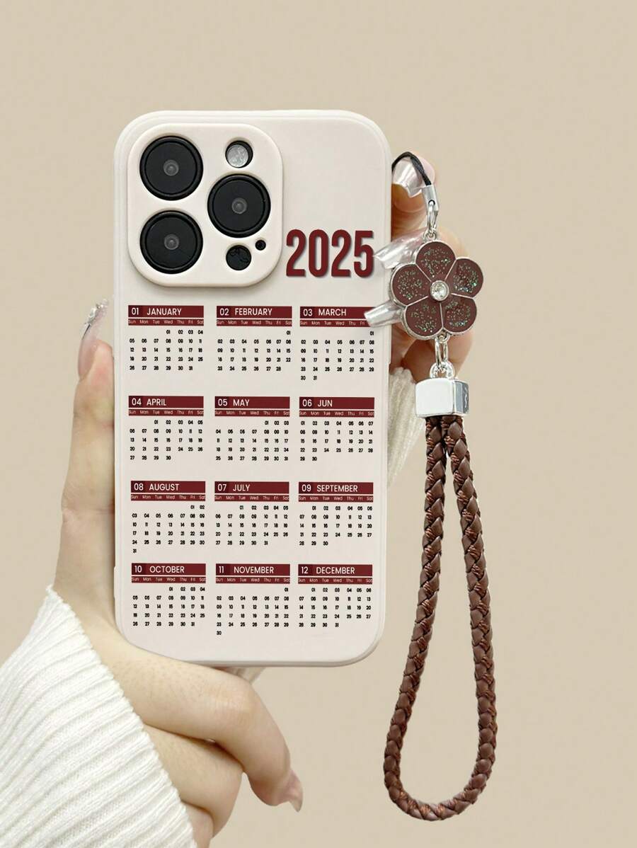 Calendar Printed Beige Phone Case With Flower Chain Decor, Technology ...