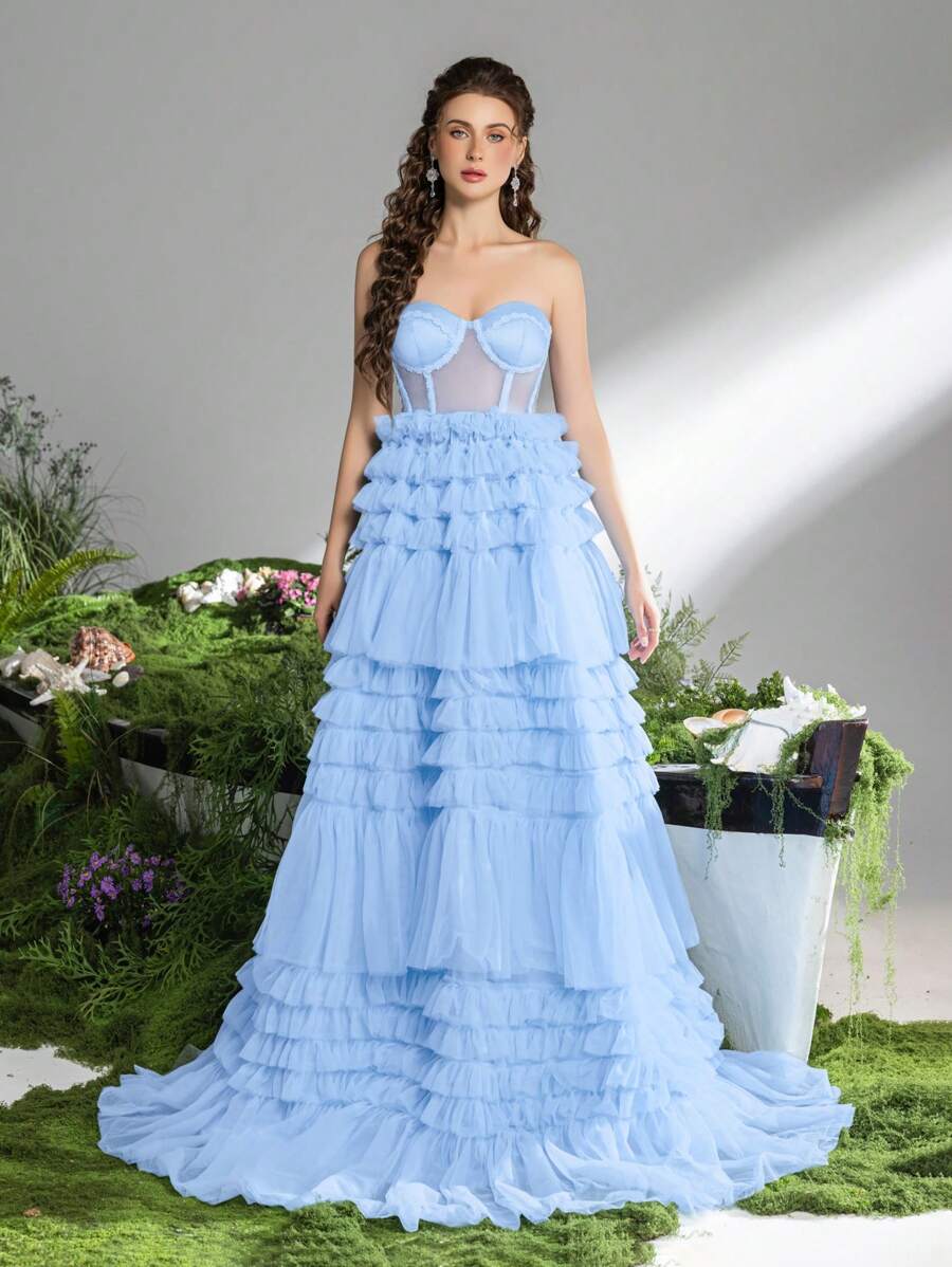 Faeriesty Elegant Tie Back Sheer Mesh Bodice Cascading Ruffle Hem Prom ...