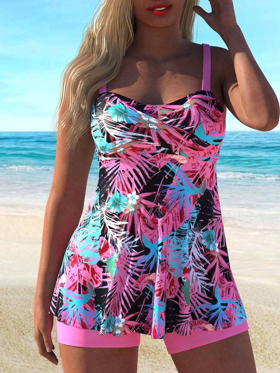 Fashion Colourful Tropical Botanical Printed Women's Tankini Swimwear ...