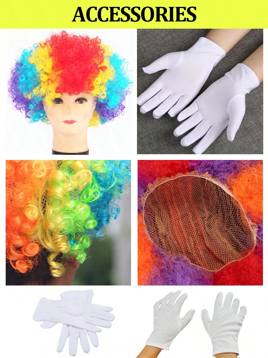 Adults Clown Costume Jumpsuit With Hat Colored Wig Gloves Playing Card ...