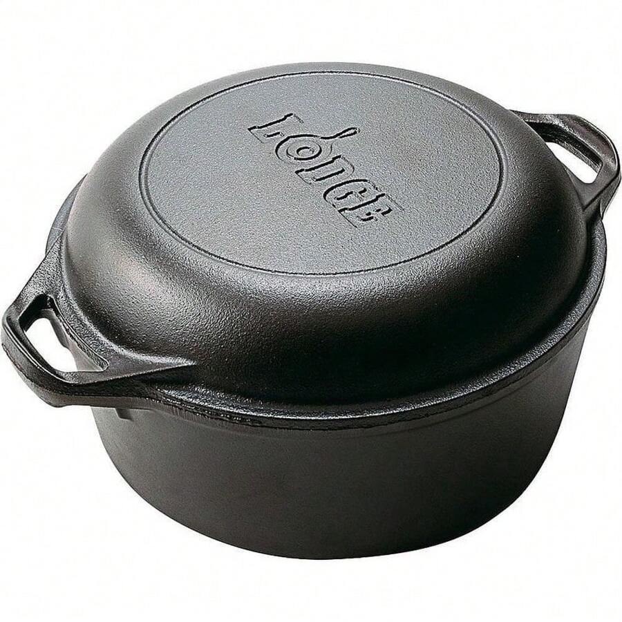 )Lodge Cast Iron 5 Quart Seasoned Double Dutch Oven Nonstick Surface ...