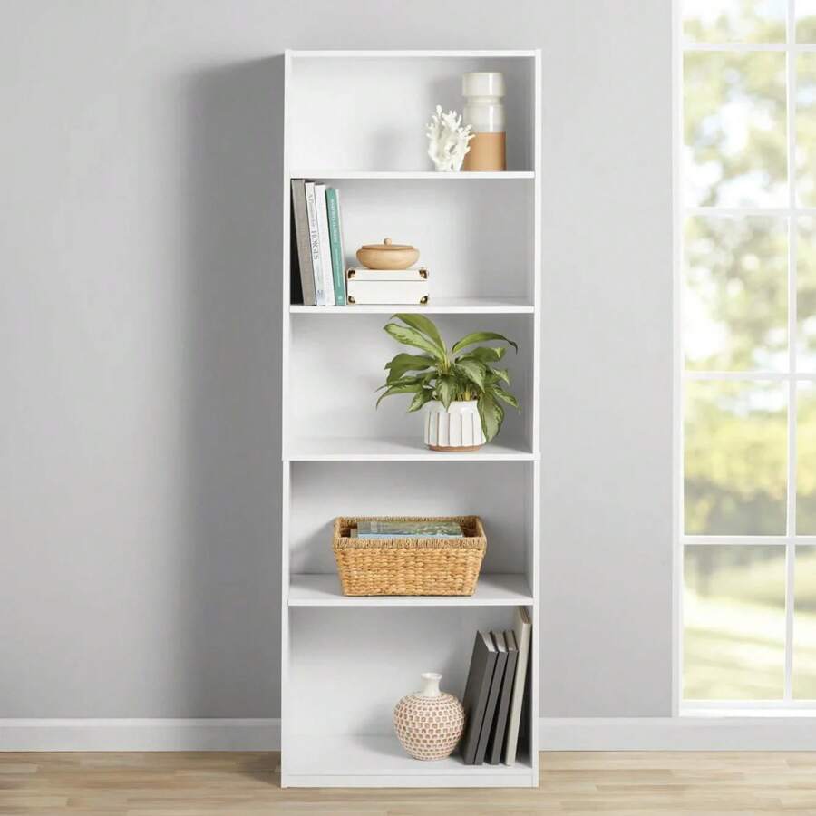 5-Shelf Bookcase With Adjustable Shelves, White Attaches To The Wall ...