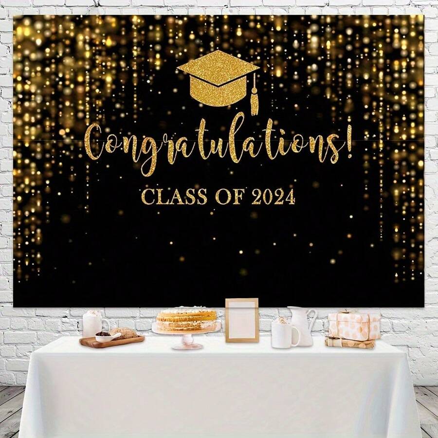 2025 Graduation Backdrop - Shiny Black And Gold Sparkling Ripple Design ...