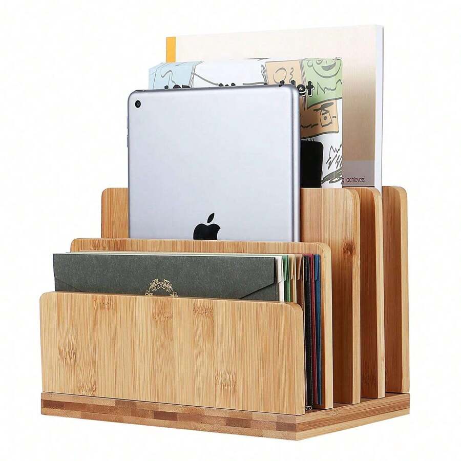 Bamboo Desk File Organizer Countertop Mail Sort,4 Slots Desktop File ...