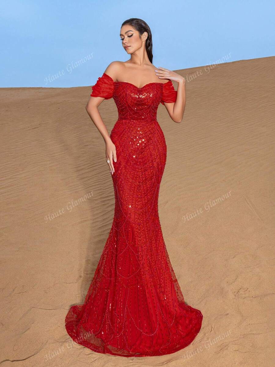 Luxurious Off-Shoulder Mermaid Evening Gown With Floor-Length Train – Perfect For Red Carpet ...