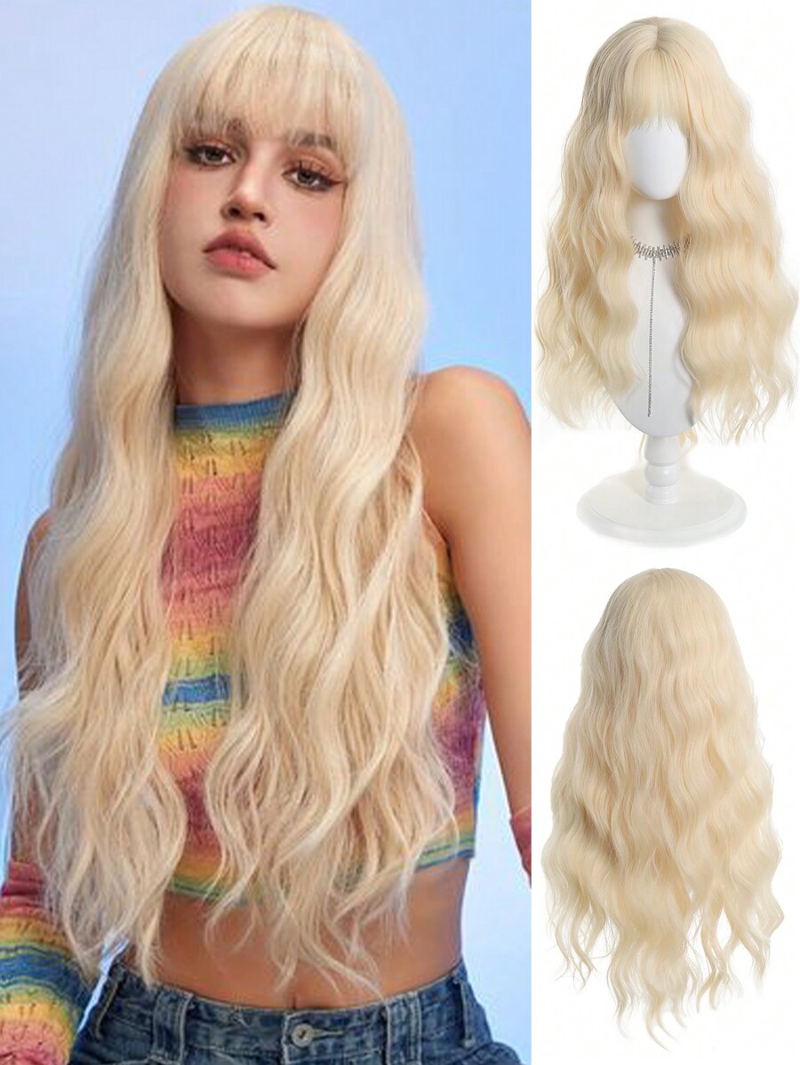 Synthetic Fake Women's Long Curly Hair (Light Blonde) Full Head Cover ...