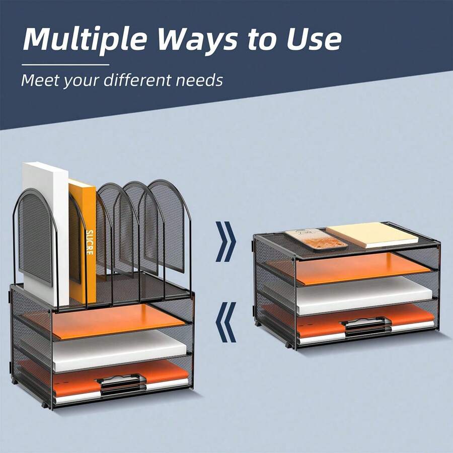 Paper Desk Organizer, 3-Tier Letter Tray With 5 Vertical File Holders ...