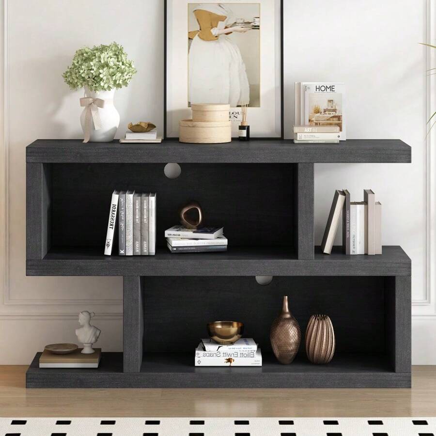 TREXM Retro Console Table With Symmetrical 2-Tier Open Shelf For ...