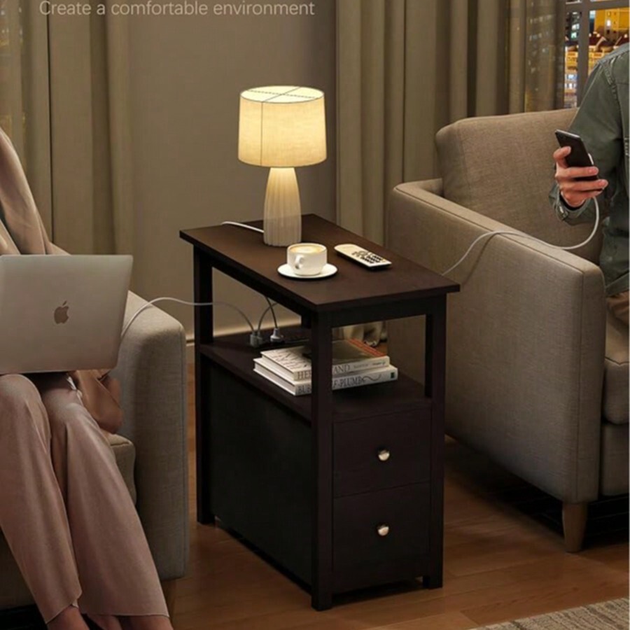 3-Tier Side Table Slim Sofa End Table With 2 Drawers And 1 Open Shelf ...