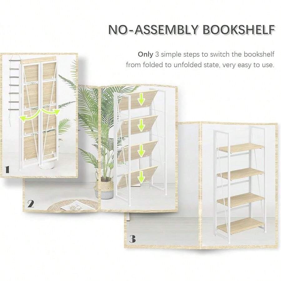 4NM No-Assembly Folding Bookshelf Storage Shelves 4 Tiers Vintage ...