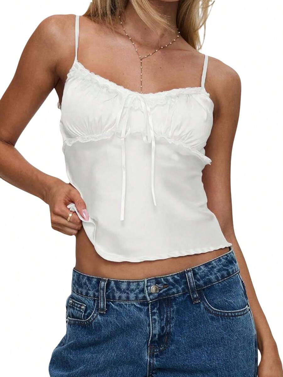 Women's Satin Cami Tops Sleeveless Open Back Low Cut Slim Fit Lace Trim ...