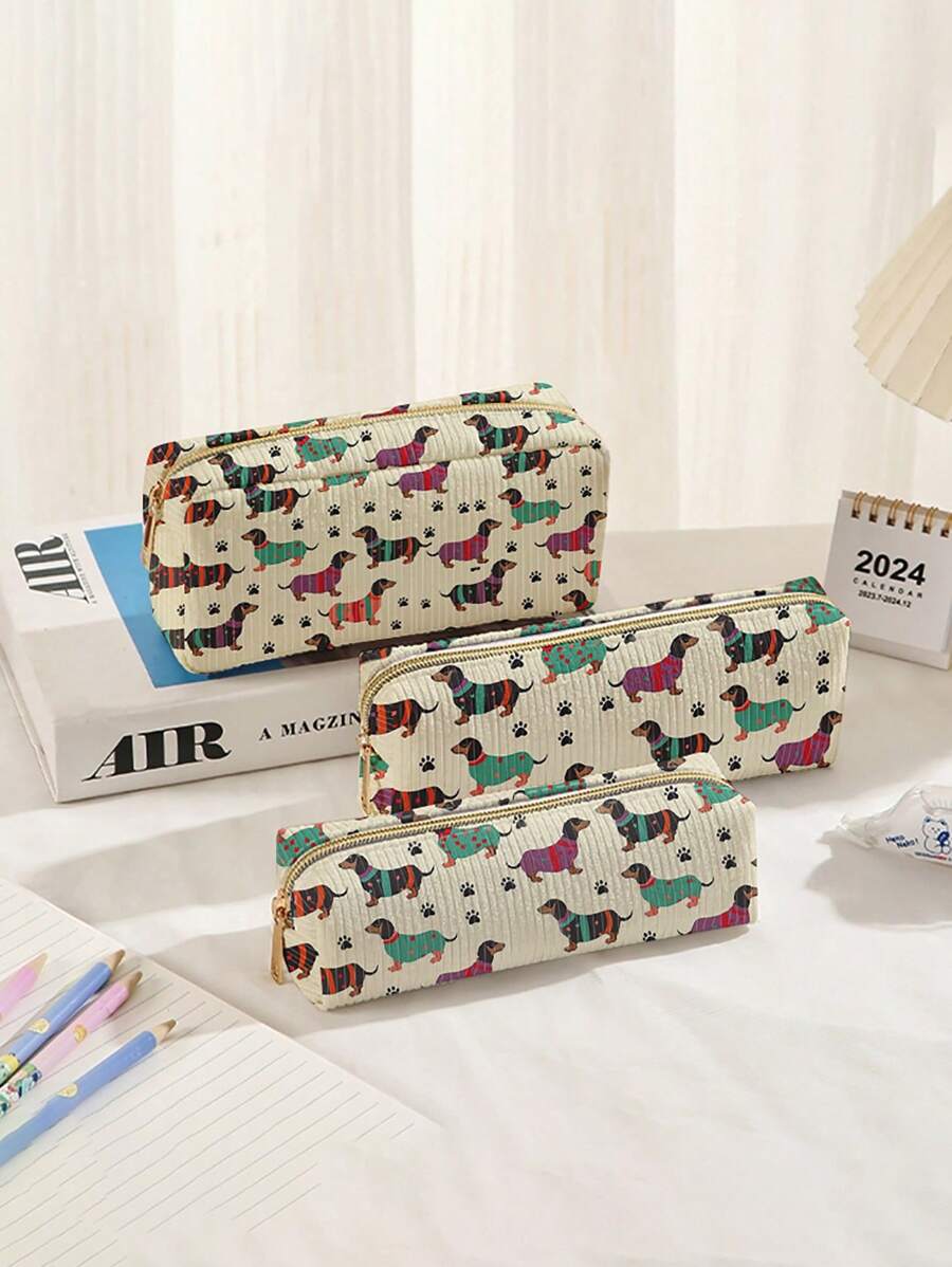 3-Piece Set: Puppy Print Plush Pencil Case, Zipper Pencil Pouch, And ...